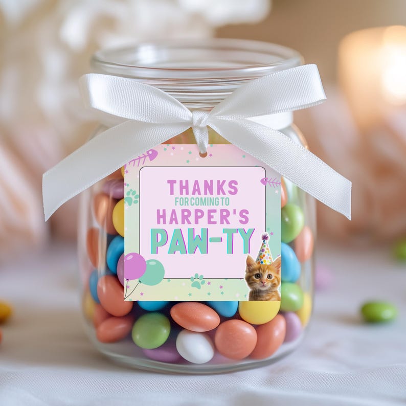 Kitten Favor Tag, Editable Birthday Thank You Gift Tags, Printable Cat ...
