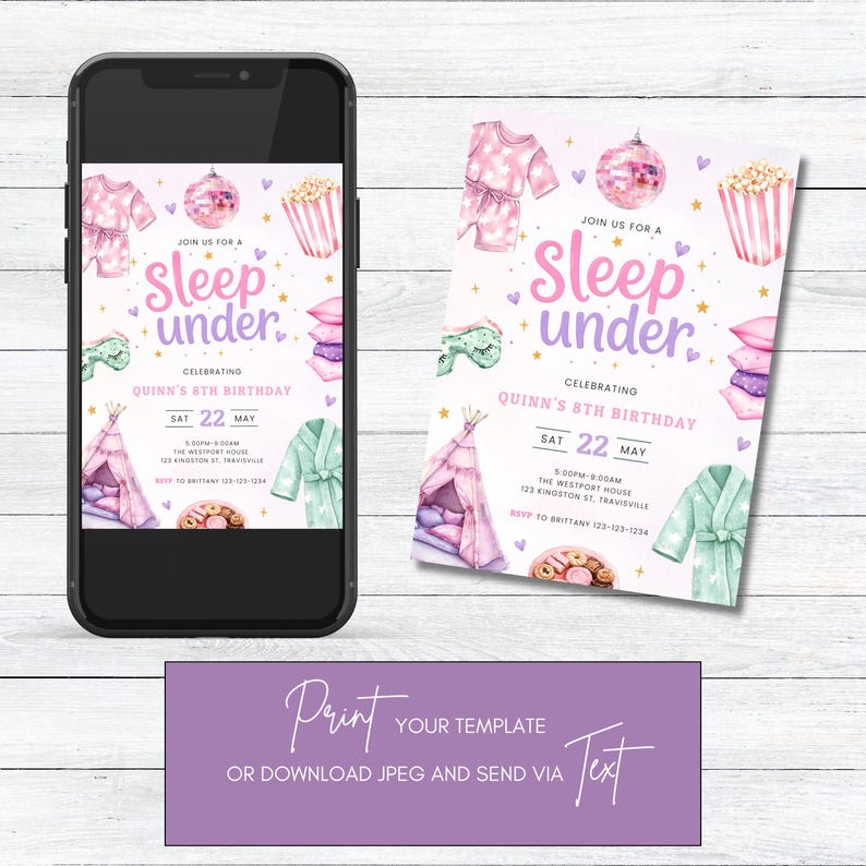 Sleep Under Party Invitation, Girls Sleepover Birthday Invite, Pastel ...