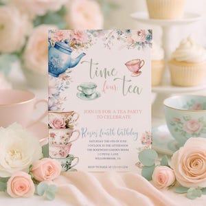 4th Birthday Invitation Tea Party, Time Four Tea Invite, Editable ...