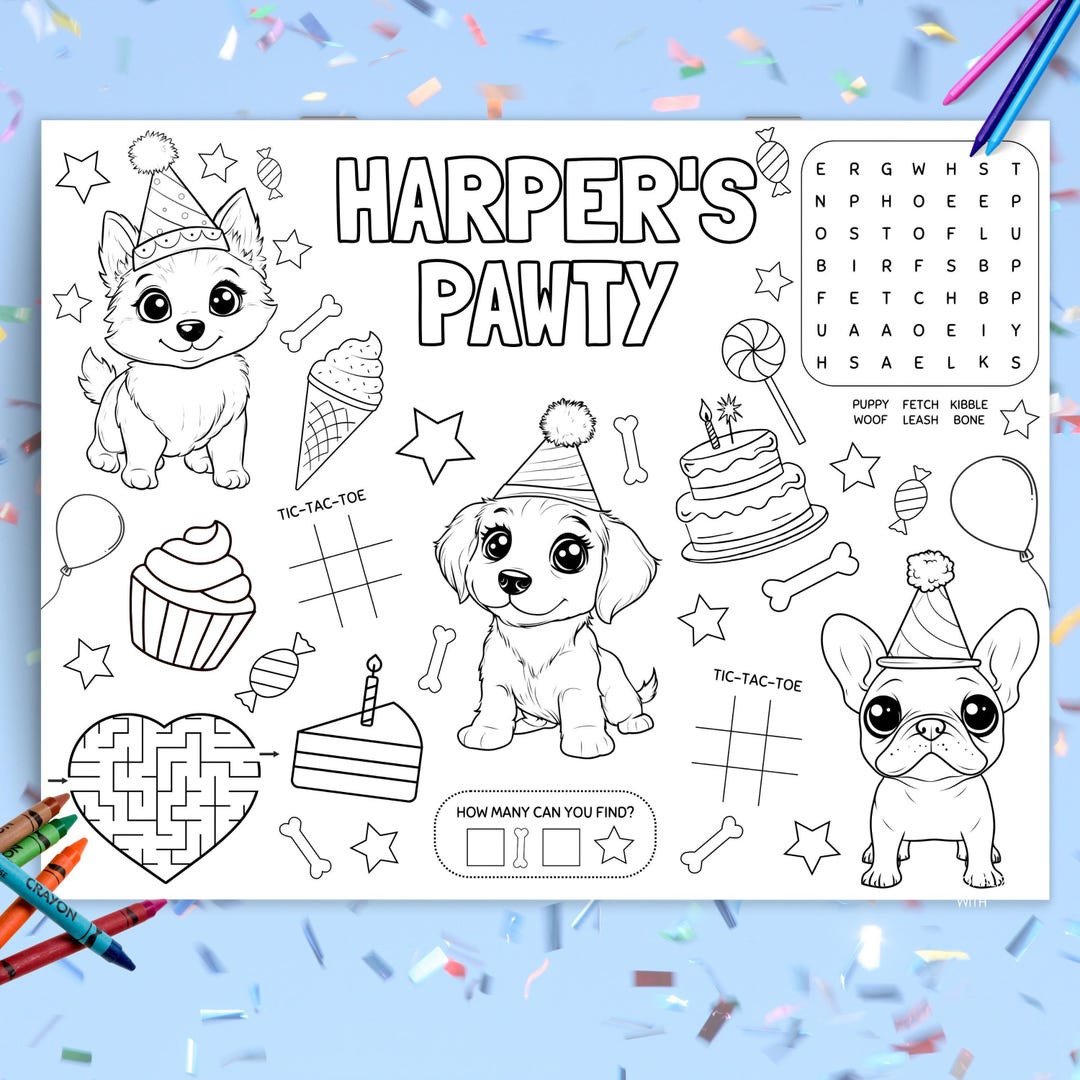 Puppy Party Activity Sheet, Printable Dog Coloring Page, Kids Birthday ...