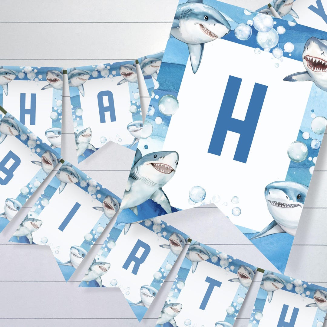 Jawsome Shark Birthday Party Banner, Ocean High Chair Bunting Flag ...