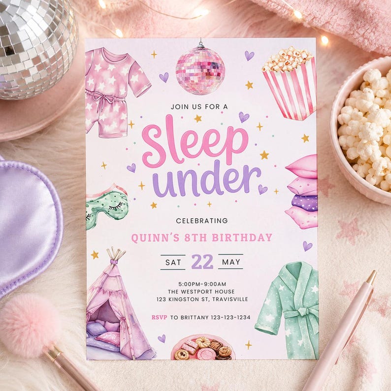 Sleep Under Party Invitation, Girls Sleepover Birthday Invite, Pastel ...