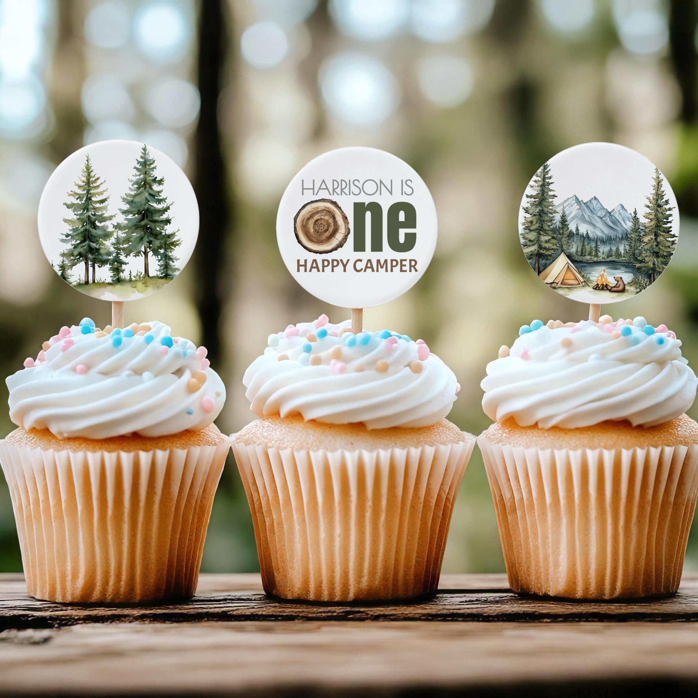 Happy Camper Cupcake Toppers, Camping Birthday Party Decor, Camp Party ...