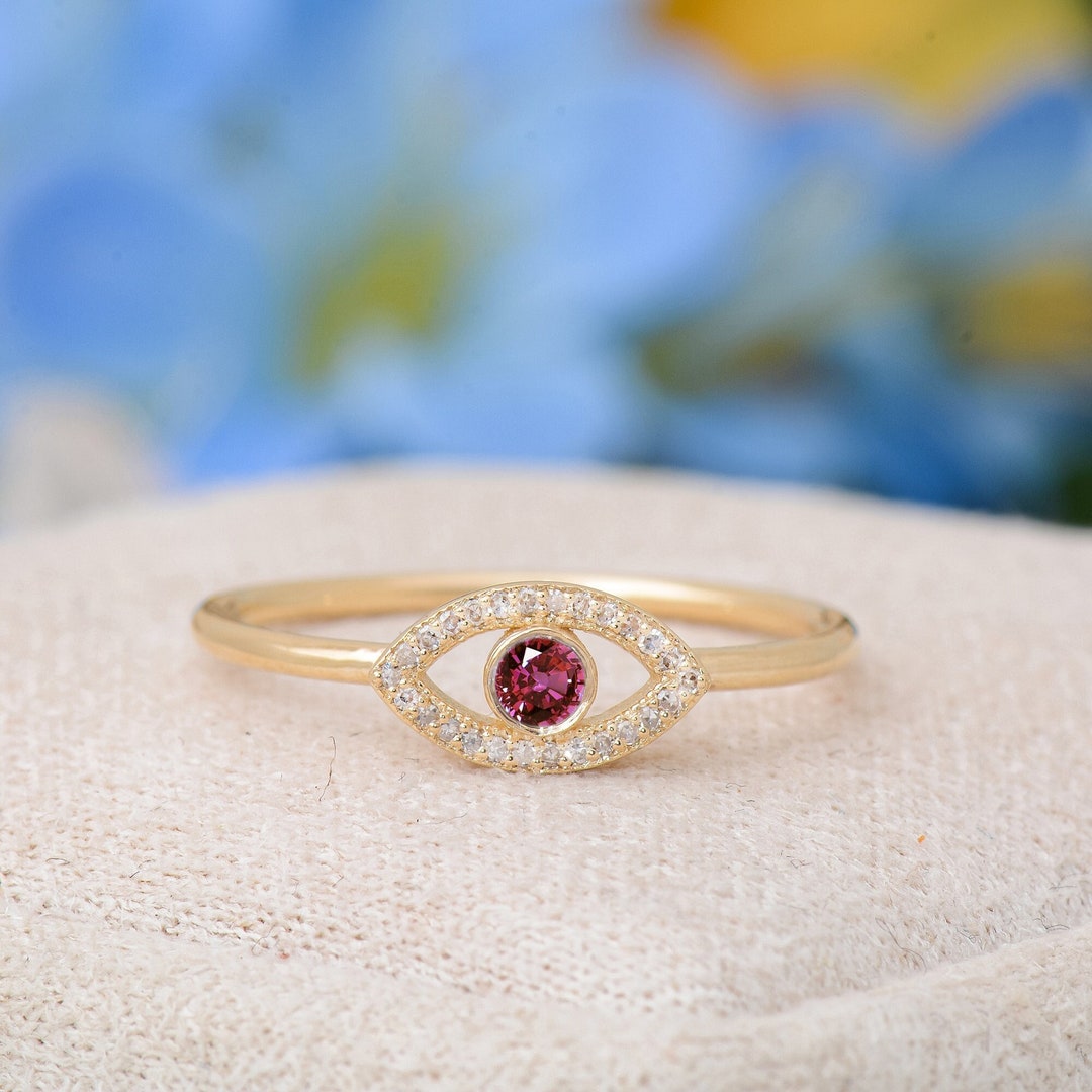 Handmade Solid Gold Red Ruby Evil Eye Ring, Dainty Round Shape Natural ...