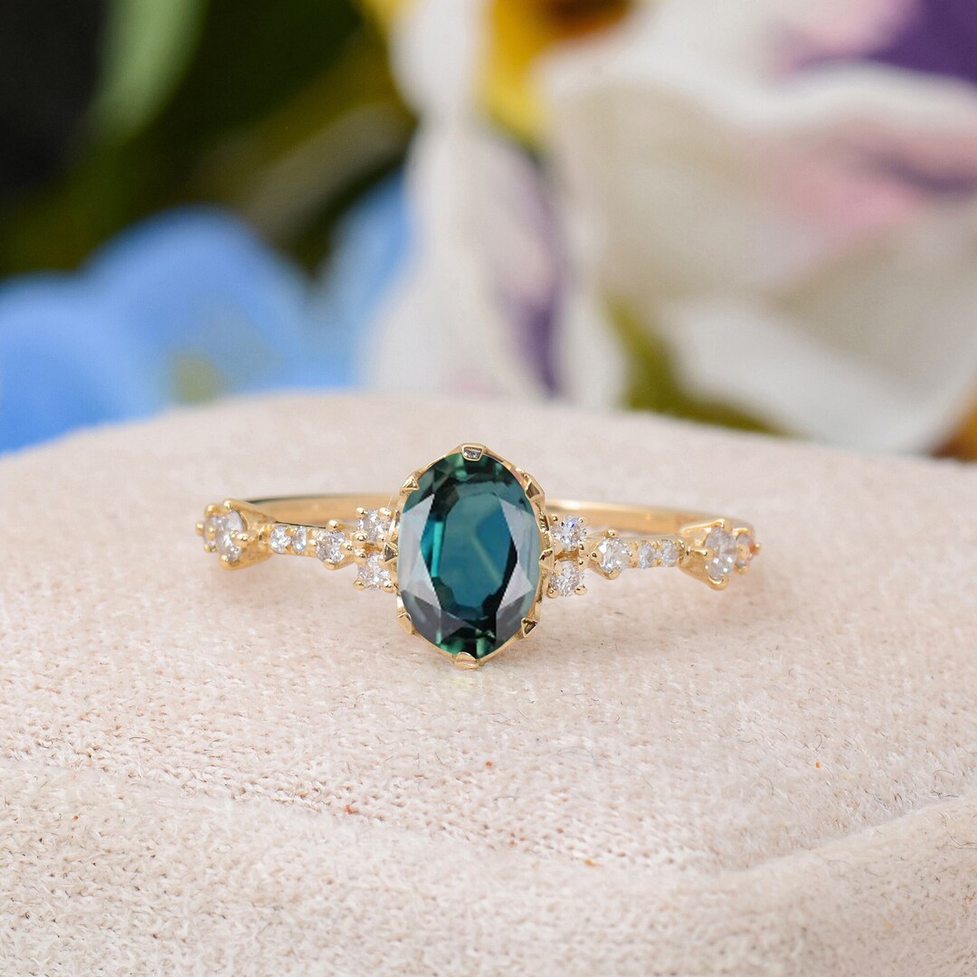 Blue Green Sapphire Engagement Ring, Oval Shaped Blue Green Sapphire ...