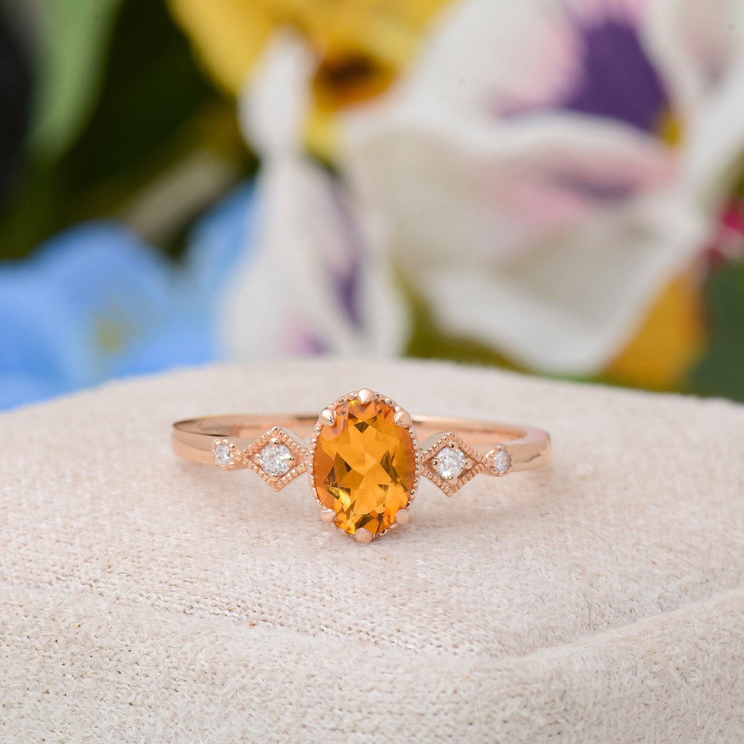 Oval Citrine Diamond Ring: 14K Gold Peach Gemstone Birthstone - Etsy