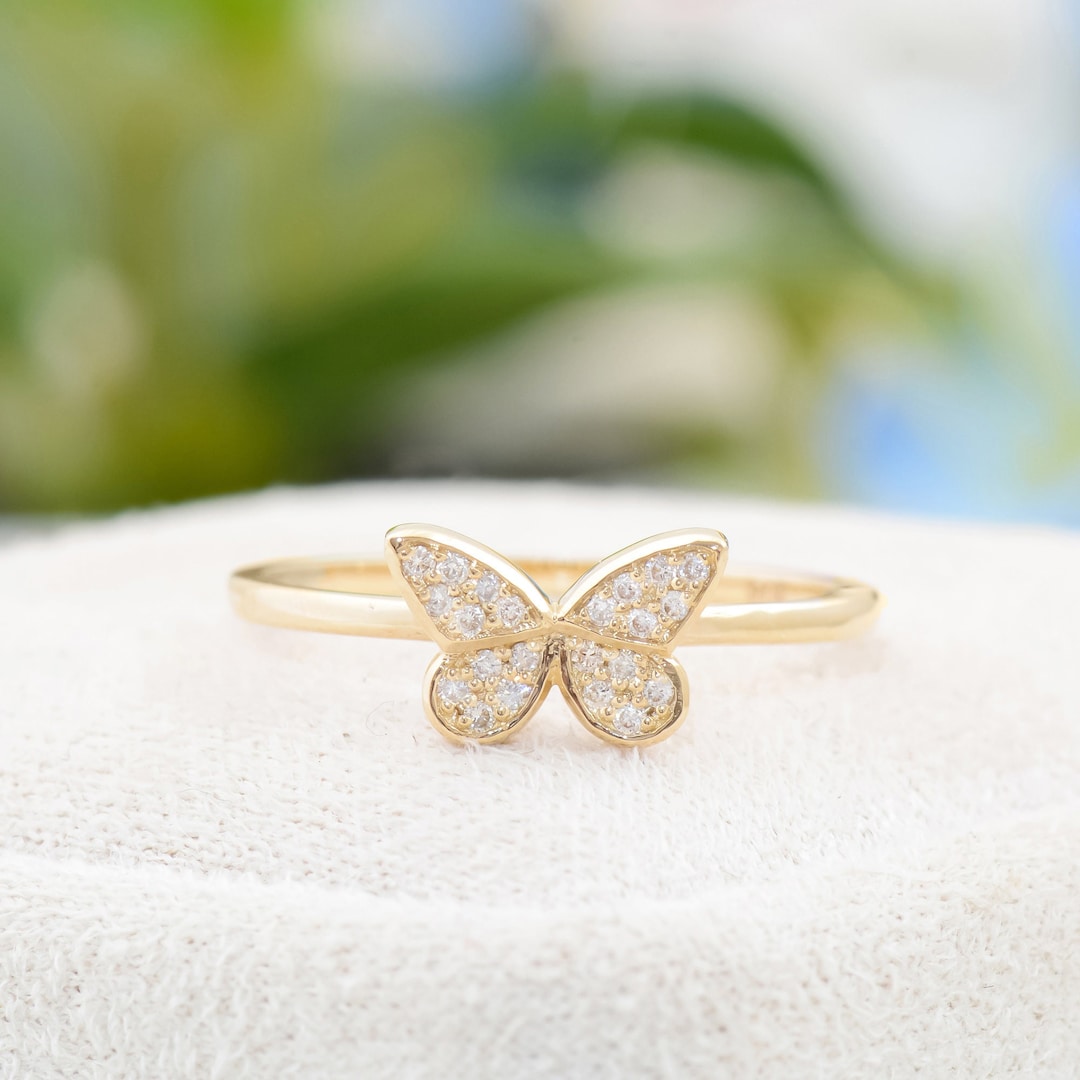 Diamond Butterfly Solid Gold Ring: Handmade Stacking Jewelry - Etsy
