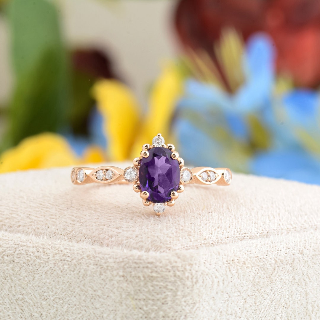 Purple Amethyst Engagement Ring, 14K Solid Gold Oval Shape Purple ...