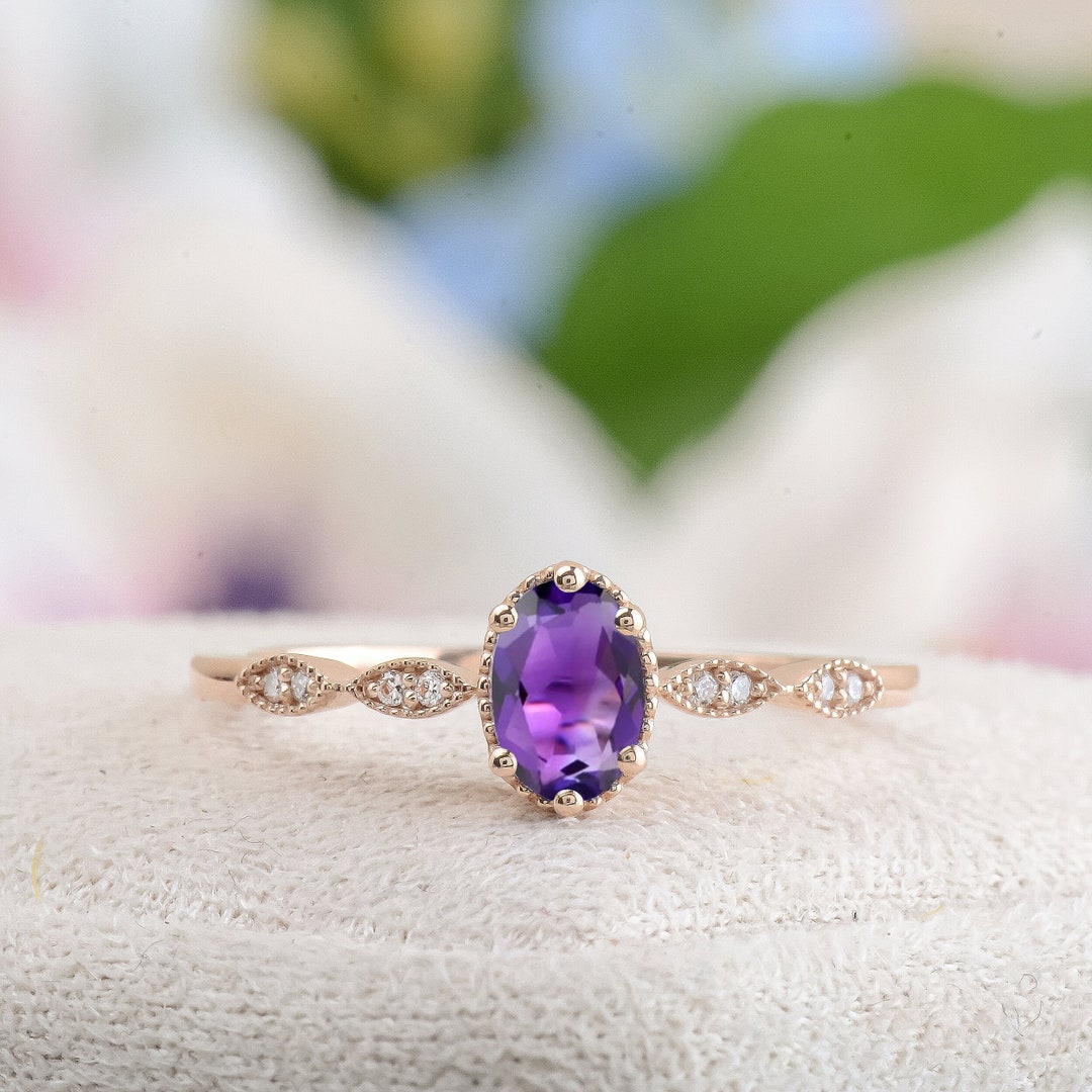 Amethyst Engagement Ring, Amethyst Wedding Ring, Solid Gold Handmade Amethyst Ring, Oval Shaped ...