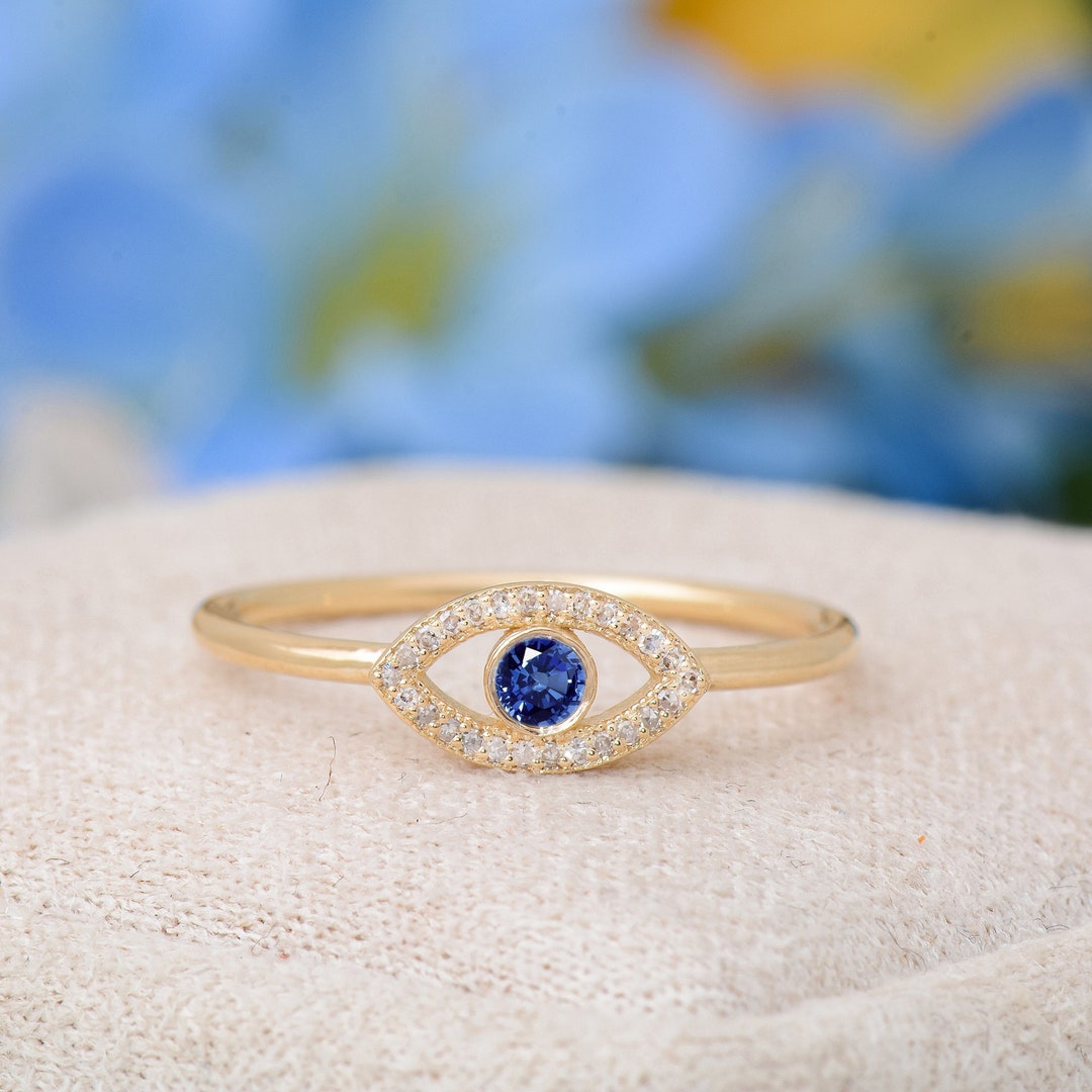 Handmade Solid Gold Blue Sapphire Evil Eye Ring, Dainty Blue Sapphire ...
