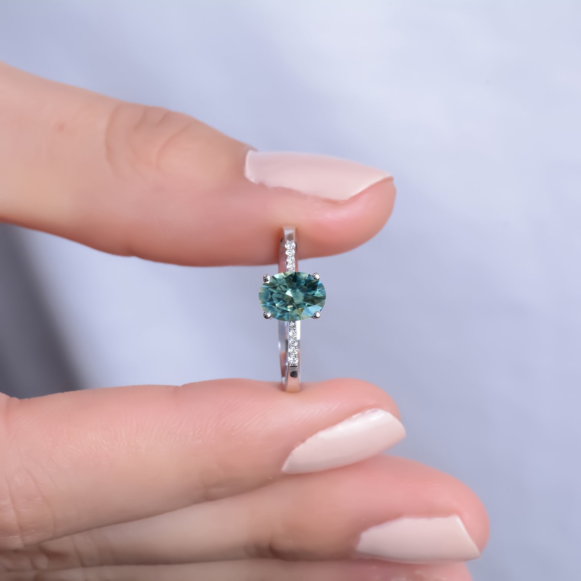 Blue Green Sapphire Engagement Ring Oval Shaped Blue Green - Etsy