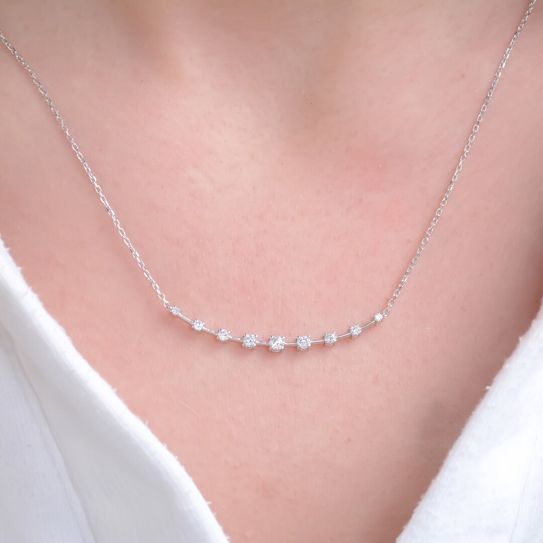 14K Gold Curved Diamond Bar Necklace, Handmade Jewelry - Etsy