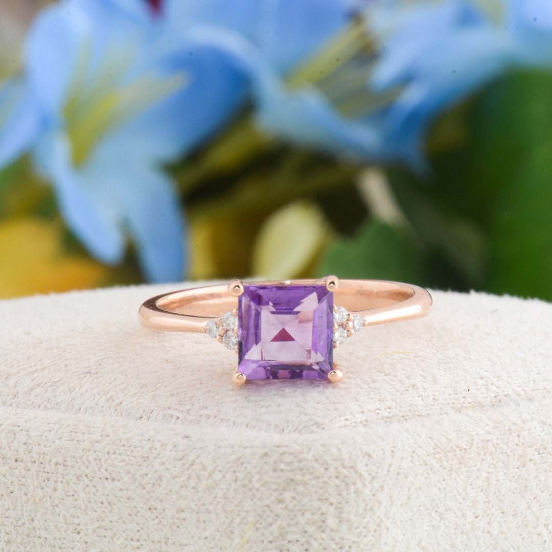 Solid Gold Amethyst Engagement Ring: Dainty Diamond Birthstone Ring - Etsy
