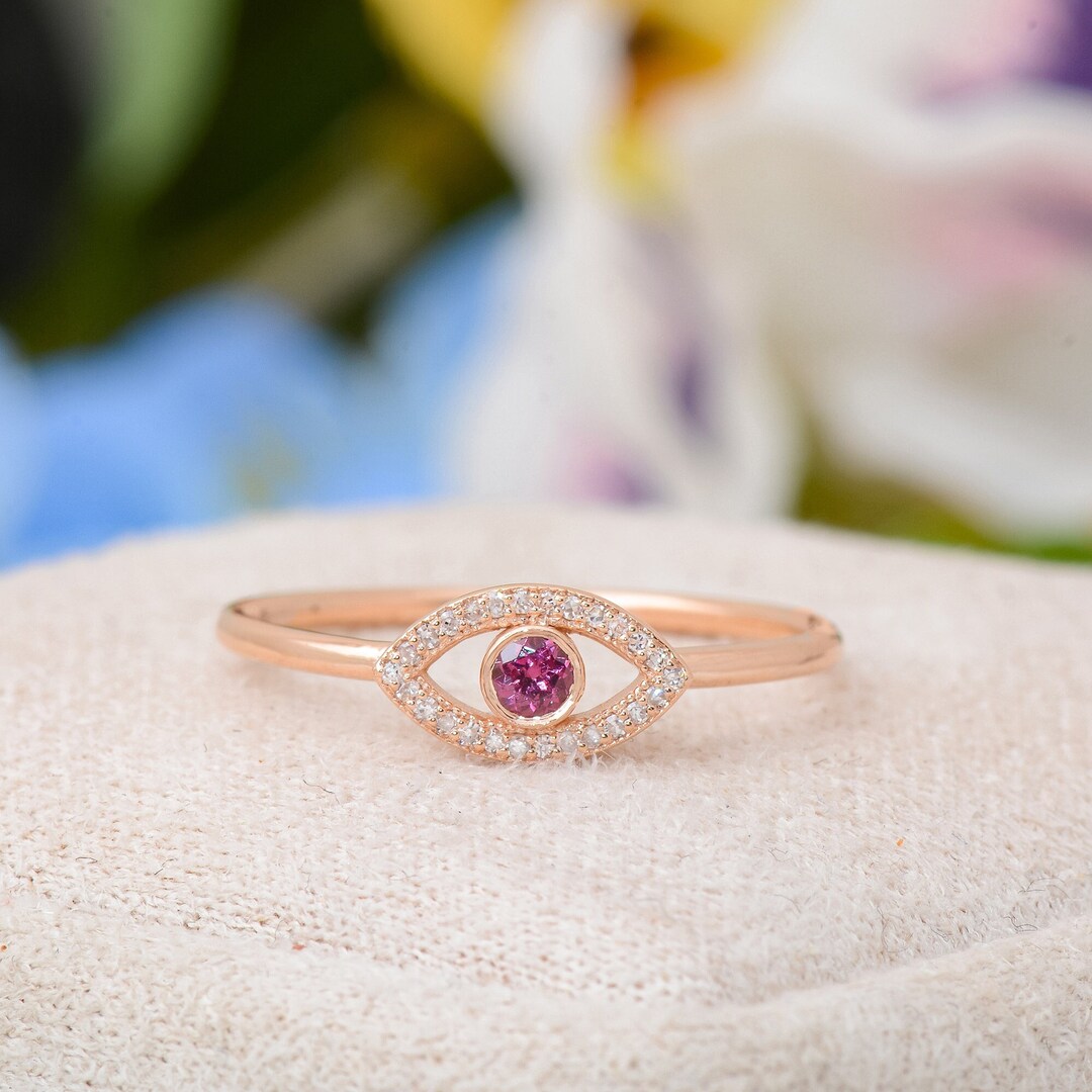 Handmade Solid Gold Evil Eye Ring, Dainty Tourmaline Evil Eye Ring ...