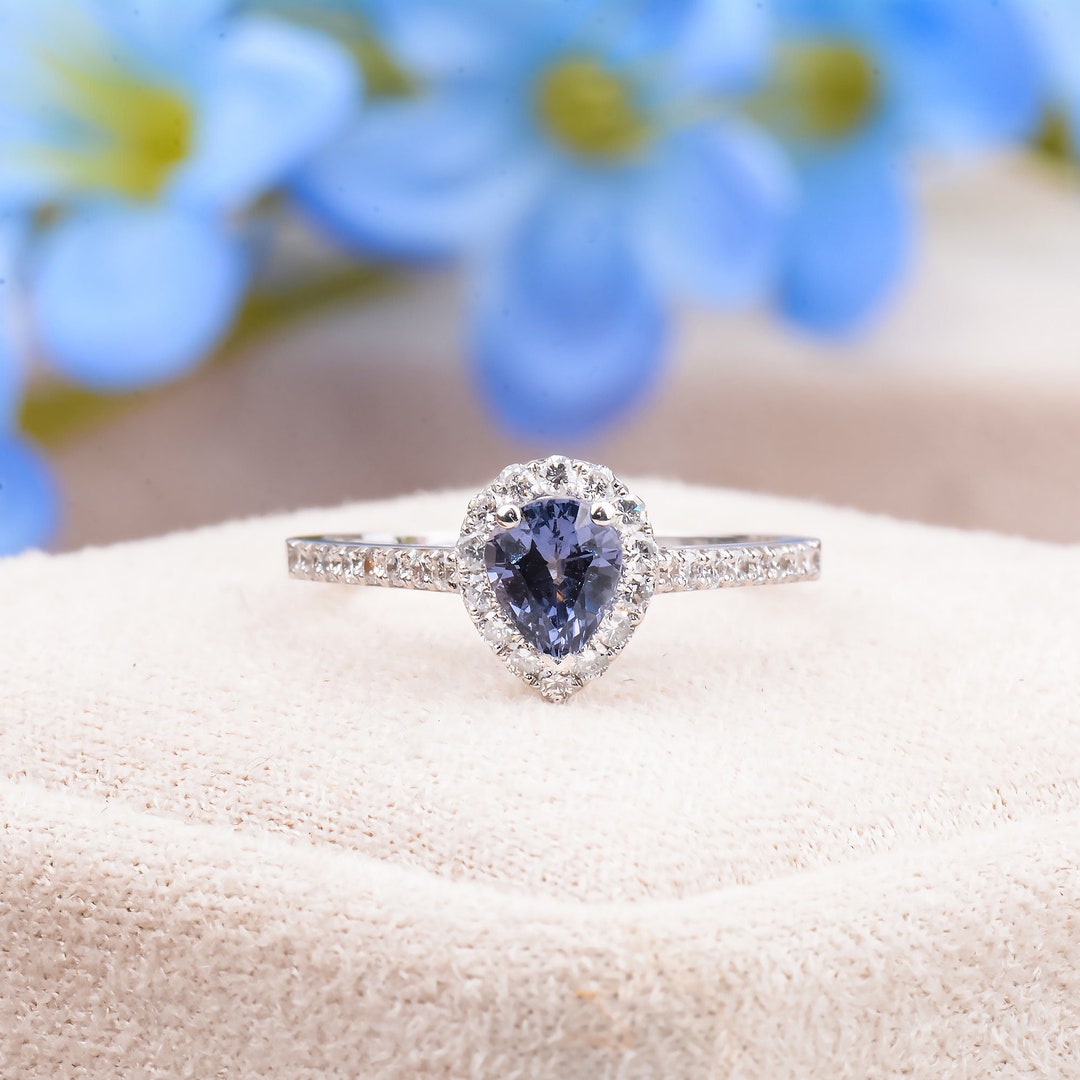 Natural Blue Spinel Ring, 14K White Gold Diamond Ring, Pear Cut Spinel ...