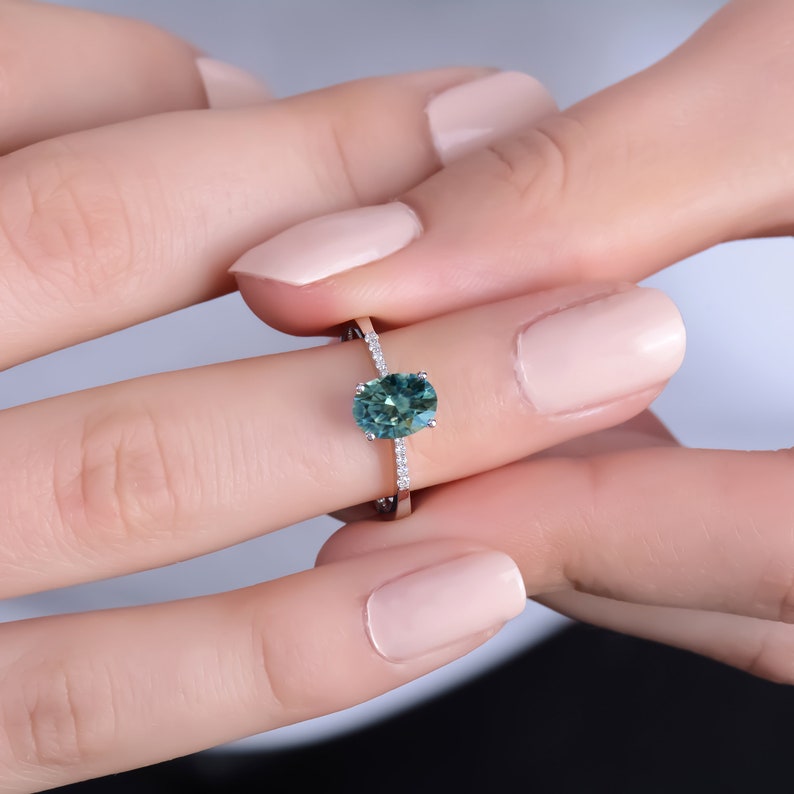 Blue Green Sapphire Engagement Ring Oval Shaped Blue Green - Etsy