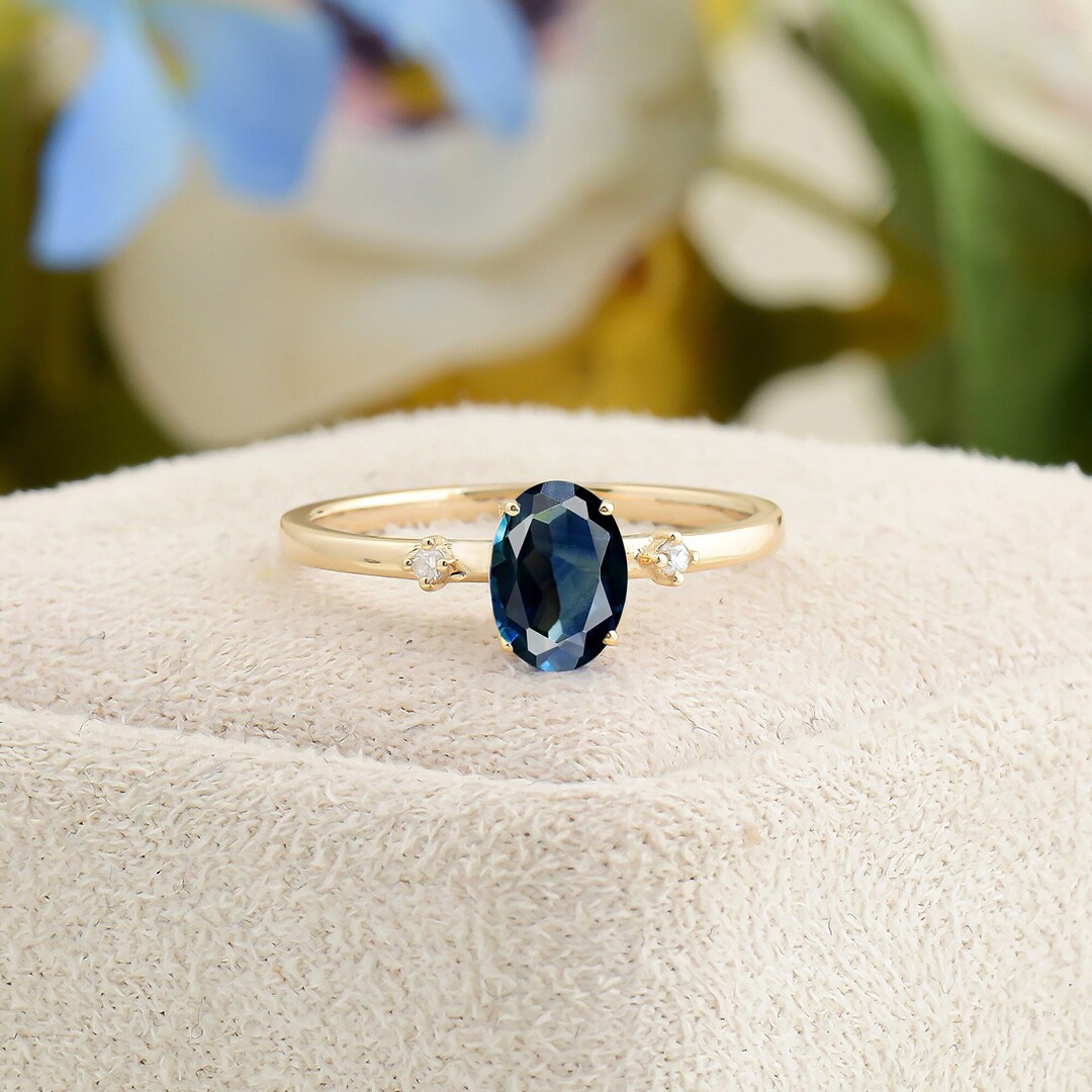 Oval Blue Green Sapphire Engagement Ring, Solid Gold Handmade Jewelry ...