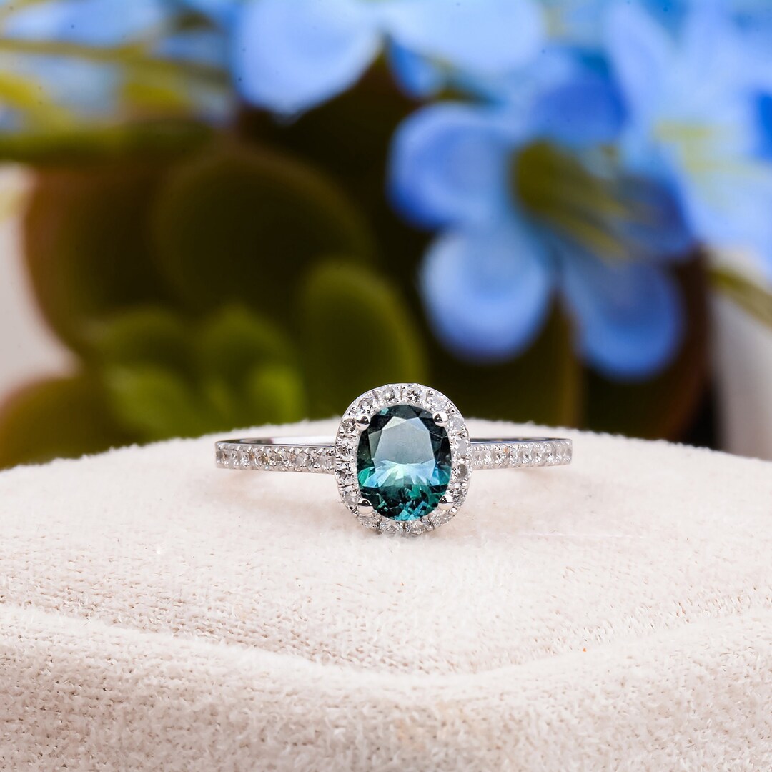 Blue Green Sapphire Engagement Ring, Oval Shaped Blue Green Sapphire ...