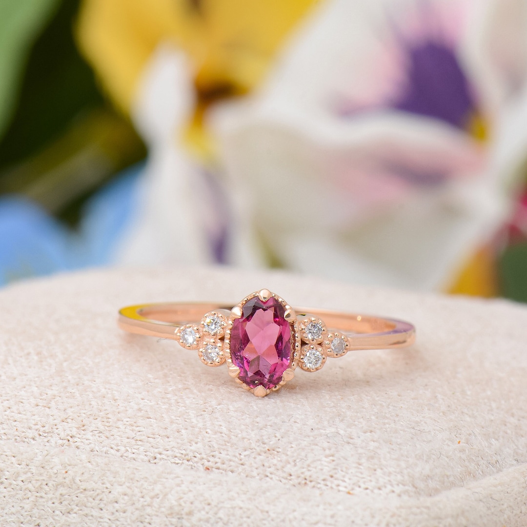 Vintage Natural Pink Tourmaline Engagement Ring, Oval Cut Pink ...