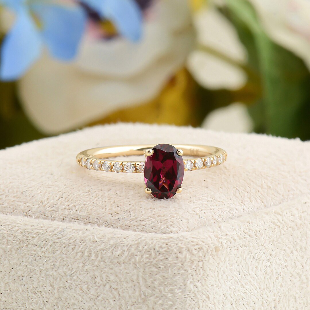 Oval Shape Red Rhodolite Engagement Ring, Solid Gold Rhodolite ...