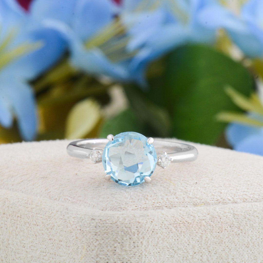 Natural Light Blue Topaz Ring: Round Cut Gemstone, Handmade Gold Ring ...