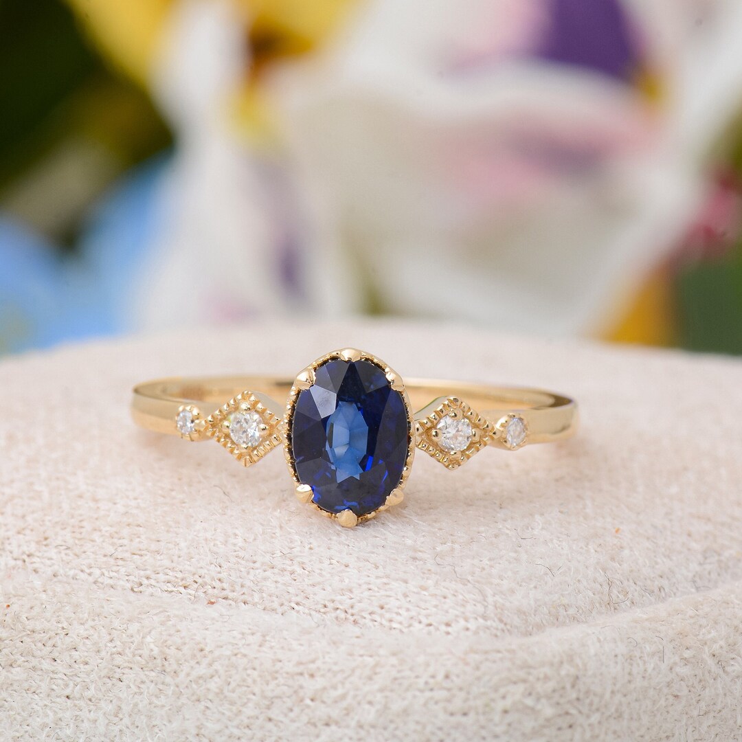 Vintage Night Blue Sapphire Engagement Ring, Solid Gold, Handmade - Etsy