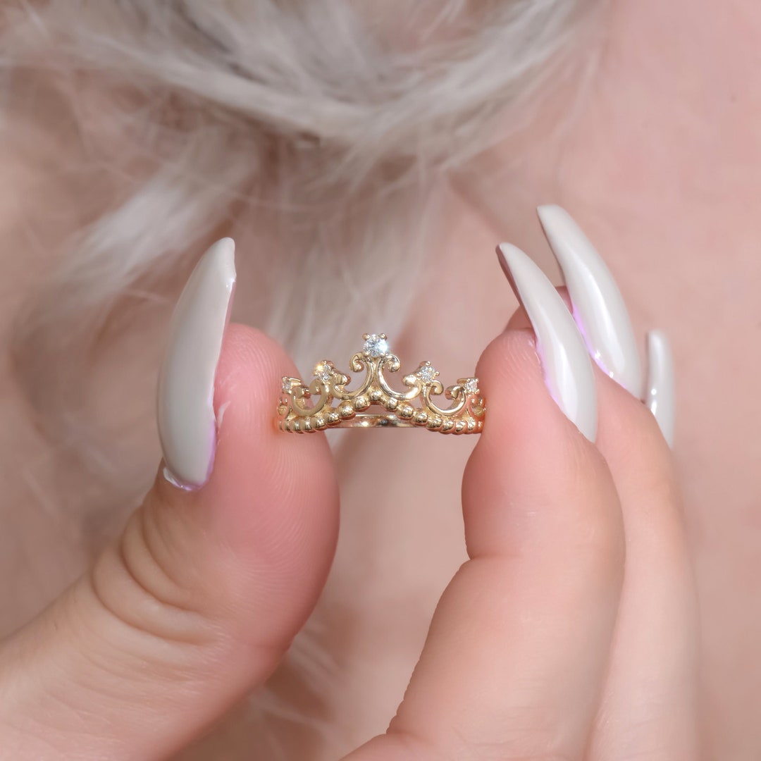 Crown Stacking Ring for Women, Solid Gold Thin Crown Ring, Princess ...