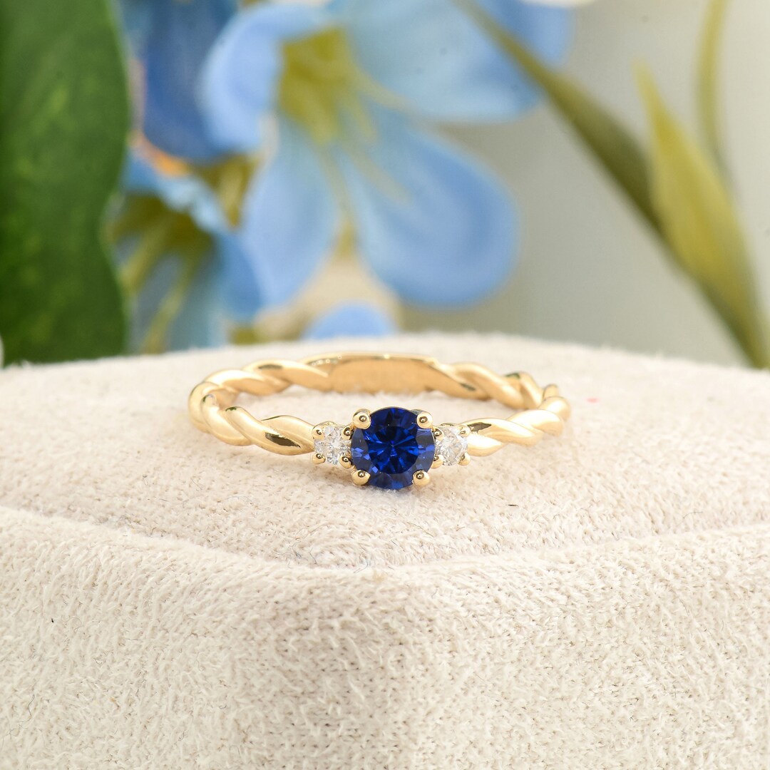 Blue Sapphire Twisted Solitaire Solid Gold Ring, Tiny Blue Promise Ring ...