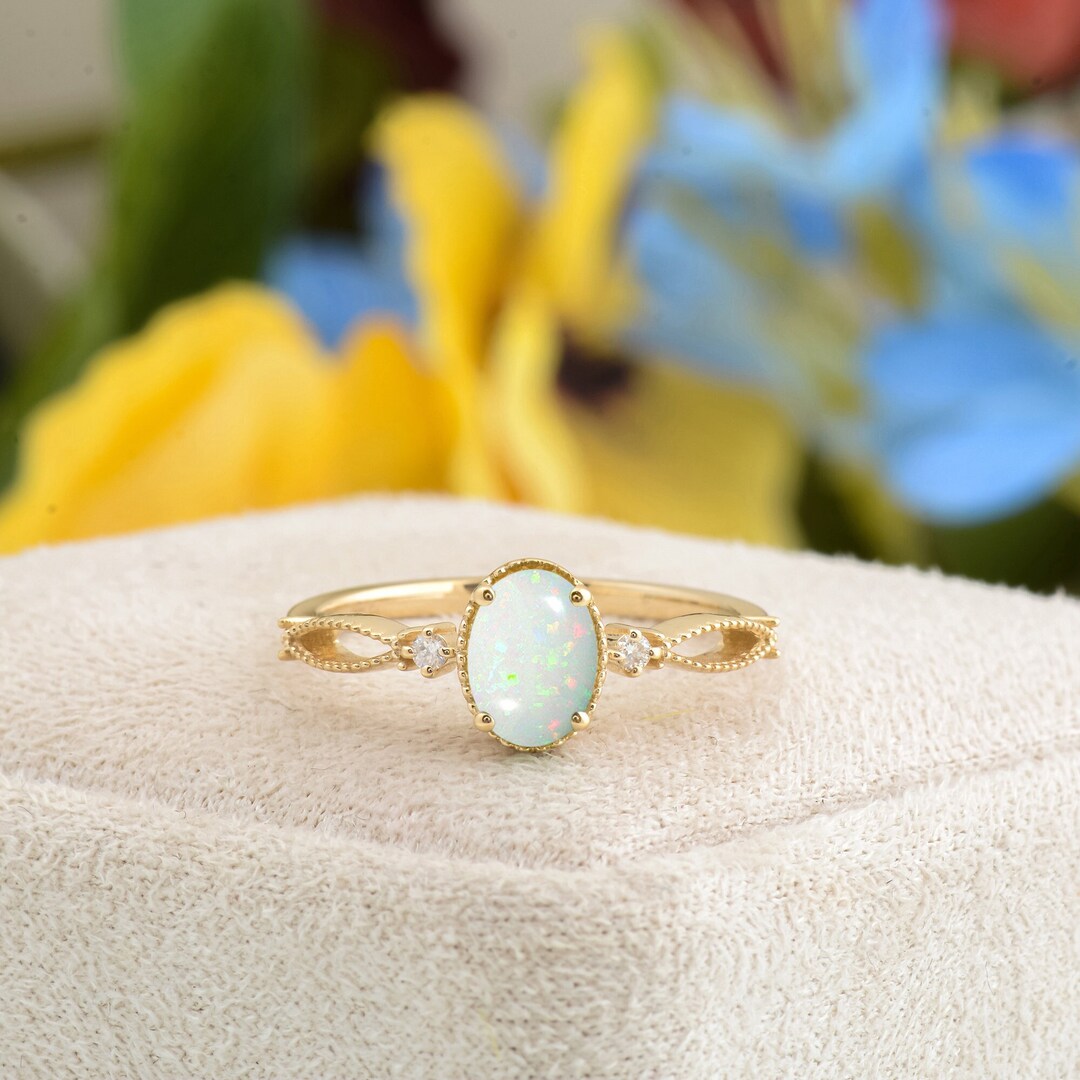 White Opal Engagement Ring, Solid Gold Handmade Diamond & White Opal Ring, Oval Shape Certified ...