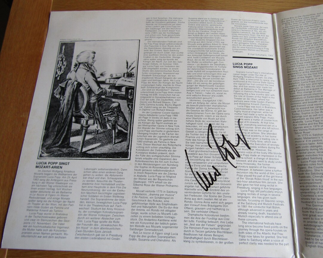 Lucia Popp Opera Singer SIGNED Vinyl Album LP + Certificate of ...