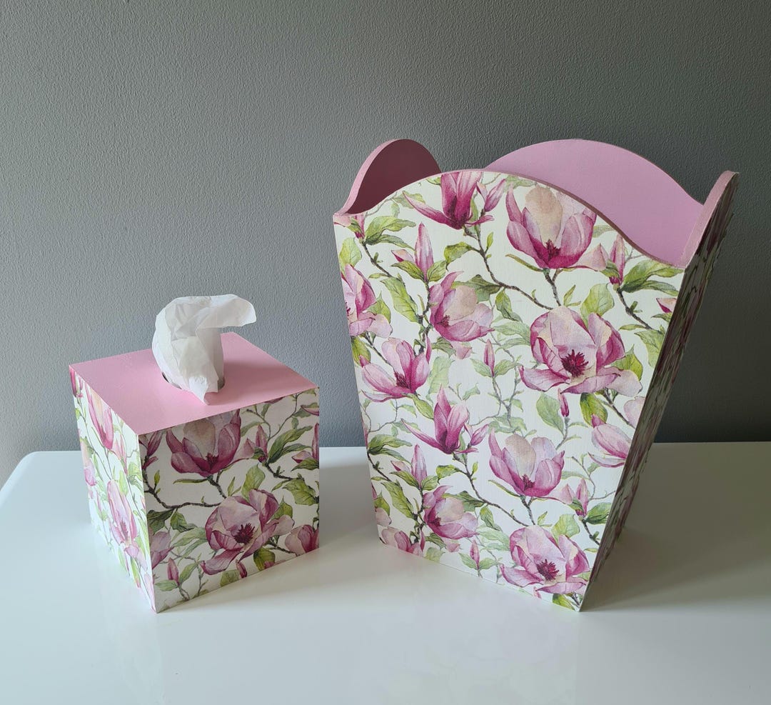 Handcrafted Magnolia Waste Bin & Tissue Box Cover Set: Pink Bedroom ...