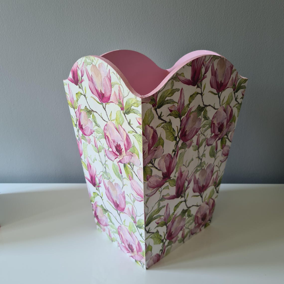 Handcrafted Magnolia Waste Bin & Tissue Box Cover Set: Pink Bedroom ...