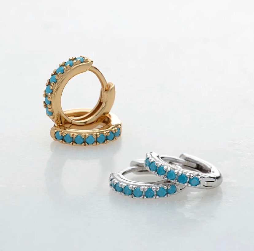 Blue Turquoise Huggie Hoop Earrings Etsy