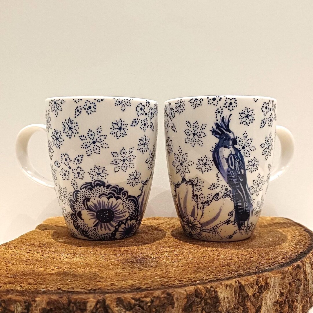Douwe Egberts, White Mug With a Delft Blue Image of Flowers and a ...