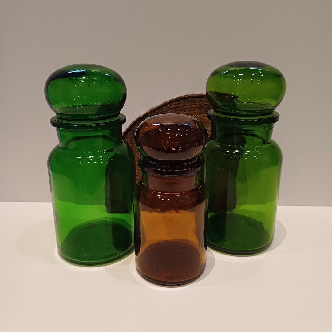 Retro Belgian Apothecary Jar, Bell Cap, Plastic Seal, Green and Amber ...