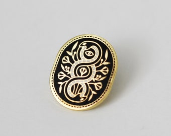 Snake Enamel Pin Magical W. Moon Phases & Flowers Black Gold Serpent ...
