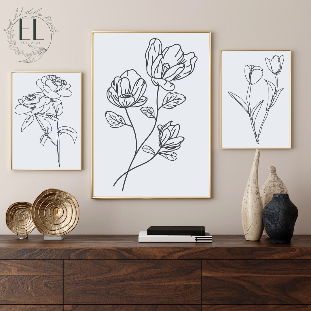 Modern Floral One Line Printable Set of 3 Wall Art, Modern Line Art Set ...