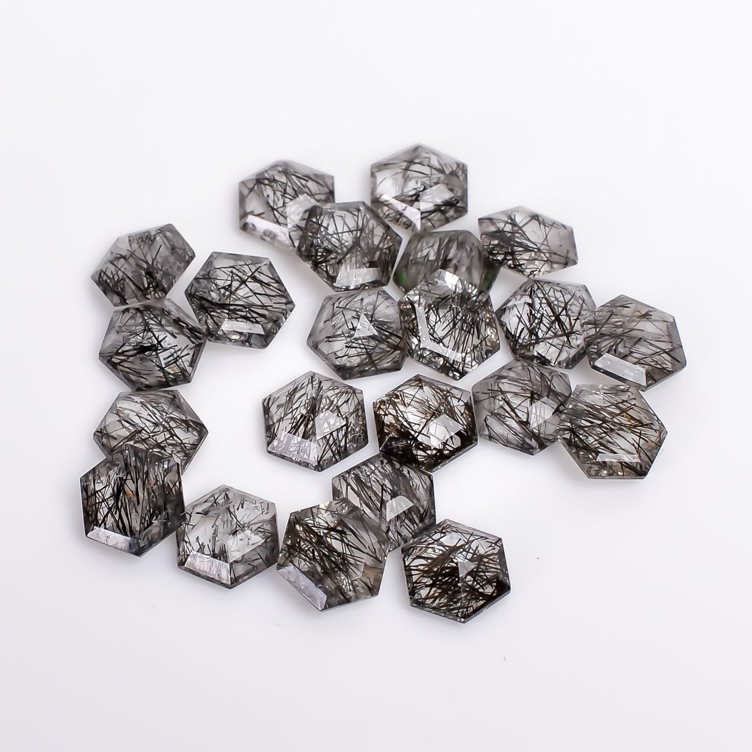 Natural Black Rutile Quartz Hexagon Step Cut Gemstone, Tourmalinated ...