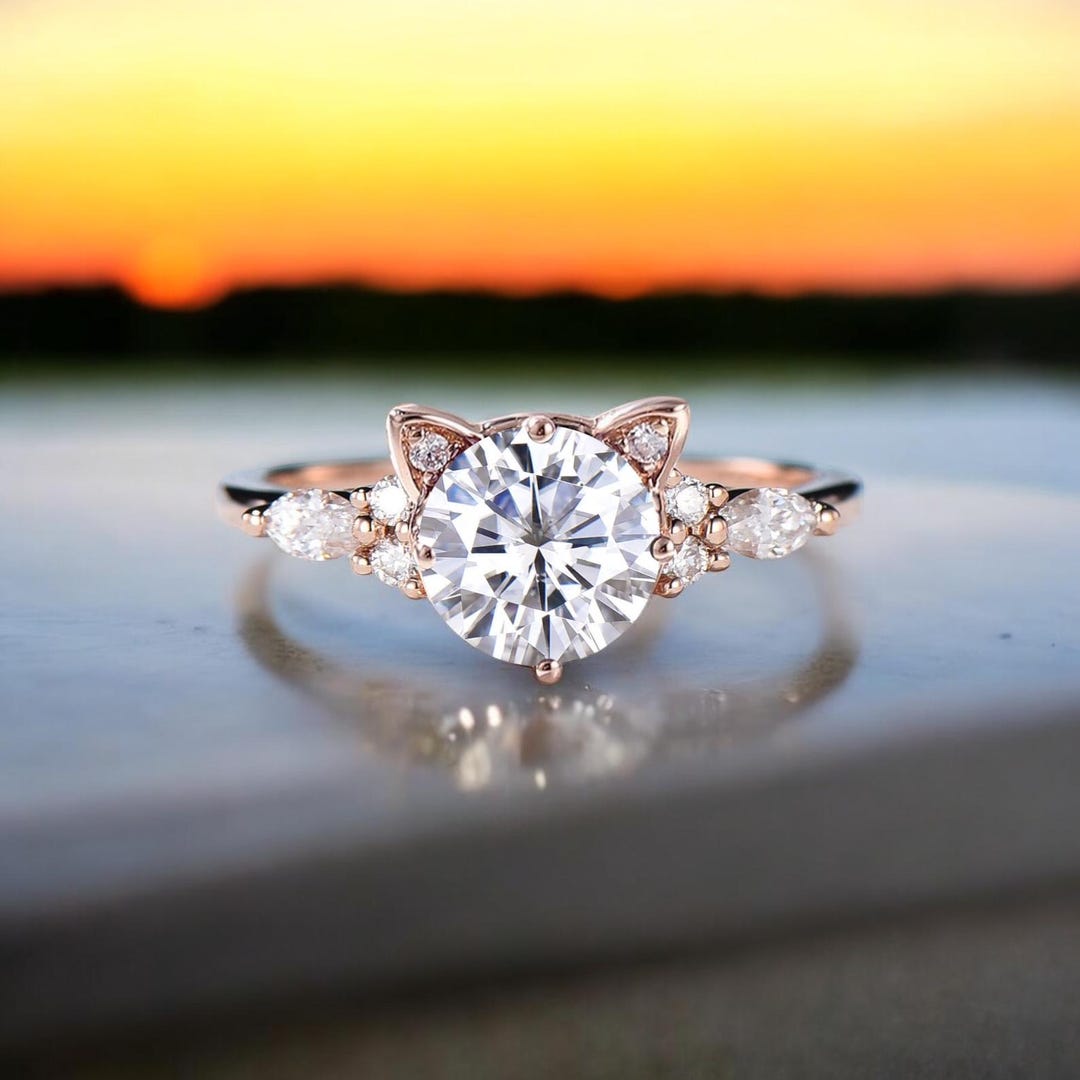 Round Cut Moissanite Cat Engagement Ring, Animal Cat Shaped Wedding Promise Ring, Diamond Bridal ...