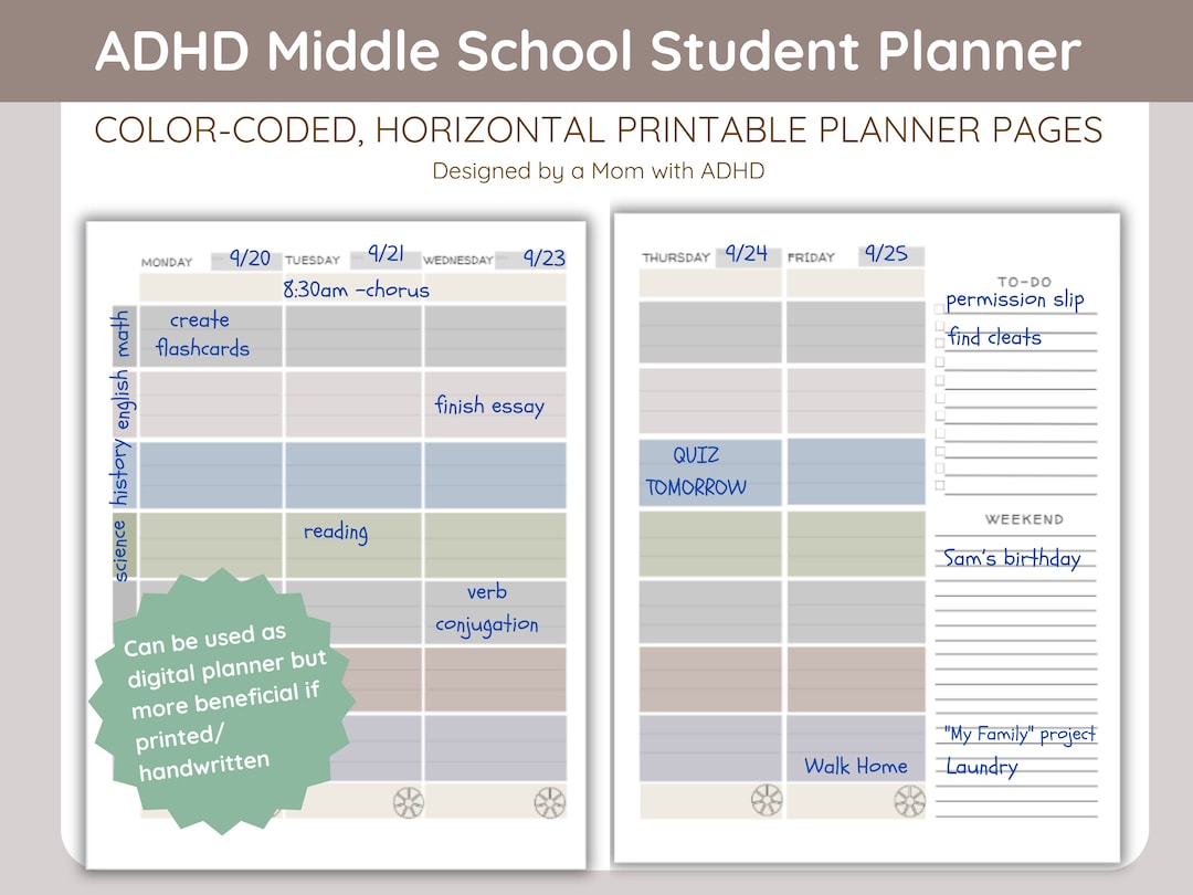 Middle School Student Planner Study Planner Schedule Template Homework ...