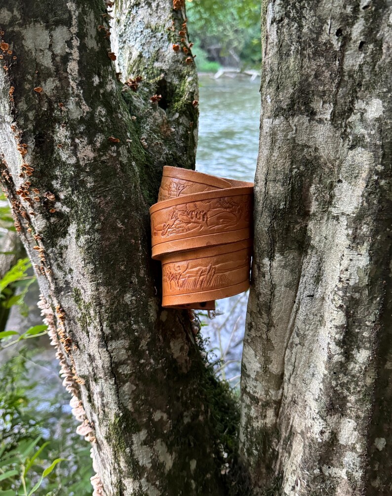 Vintage Tan Leather Belt, Tooled Leather Belt With Birds and Trees ...