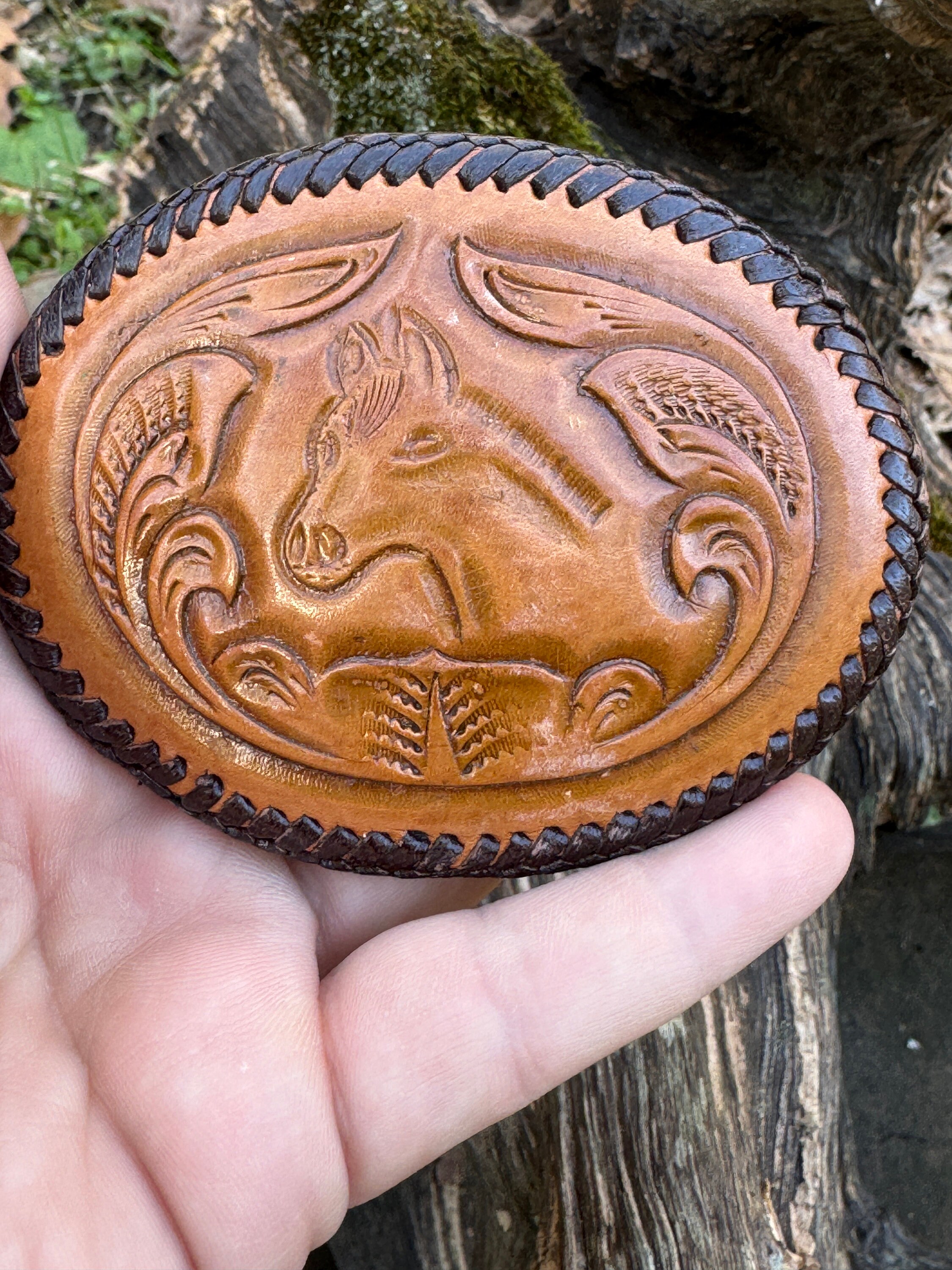 Vintage 70s Tooled Leather Horse Belt Buckle - Etsy