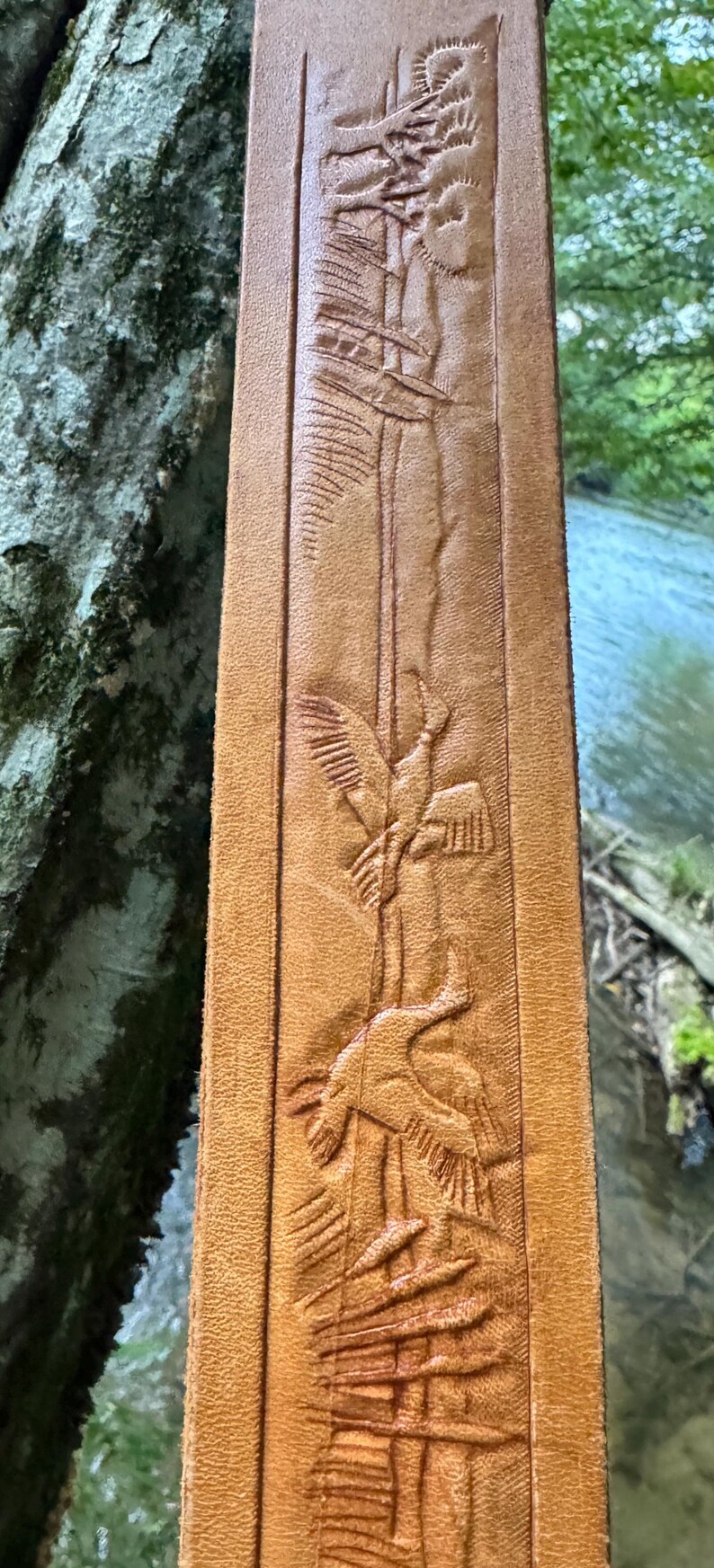 Vintage Tan Leather Belt, Tooled Leather Belt With Birds and Trees ...