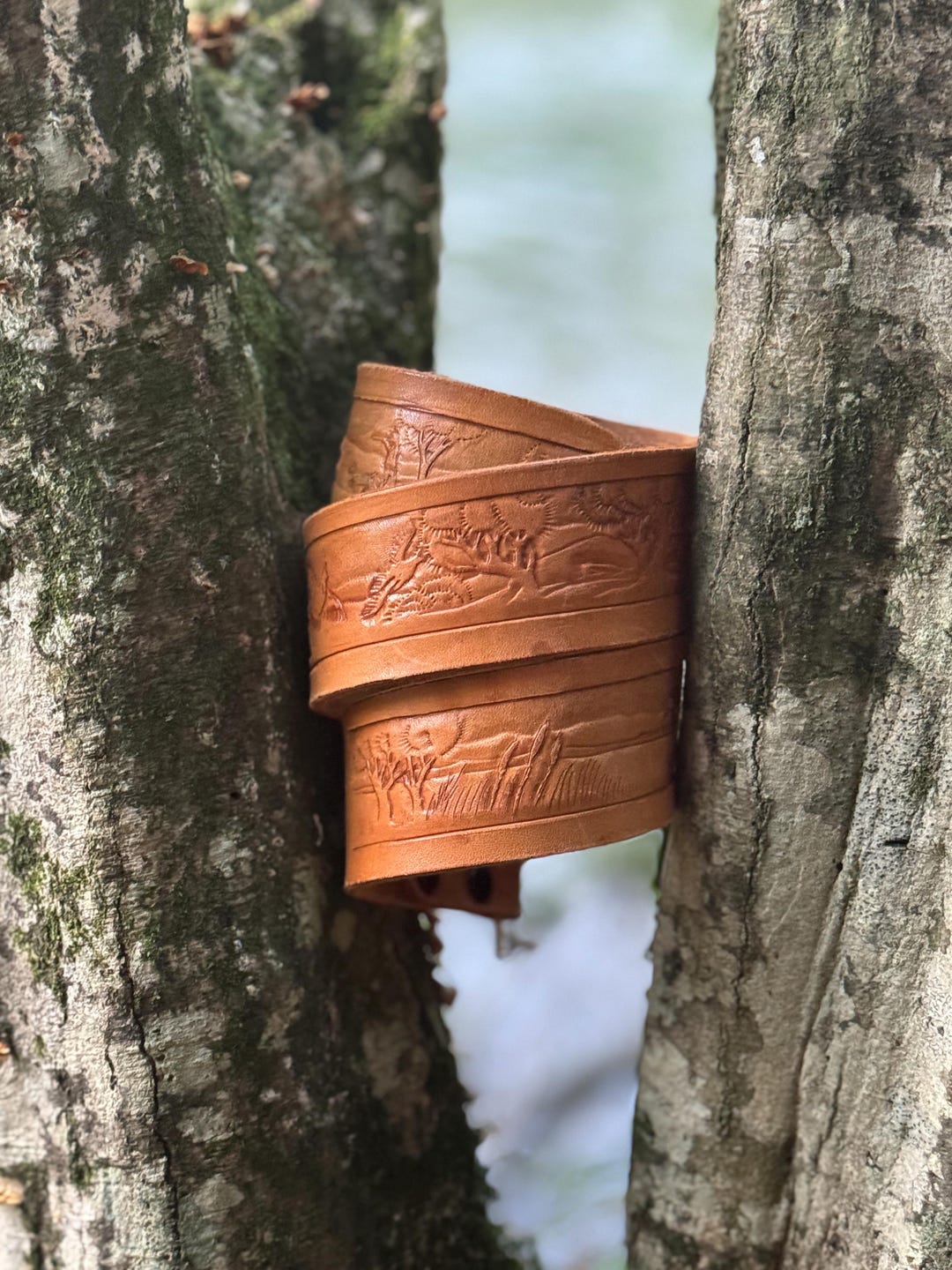 Vintage Tan Leather Belt, Tooled Leather Belt With Birds and Trees ...