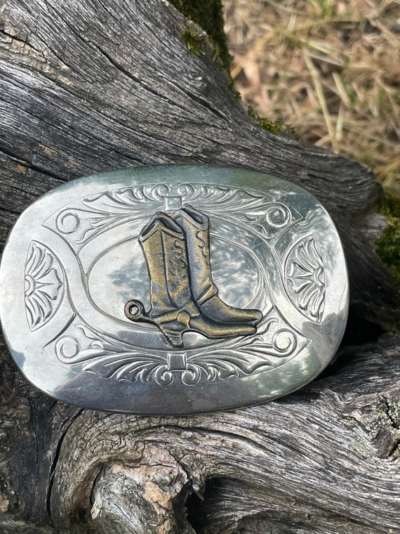 Vintage Cowboy Western Belt Buckle Stone Engraved Sil… - Gem