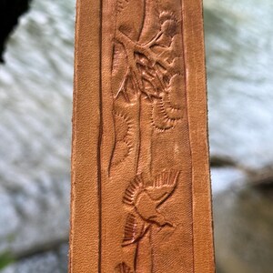 Vintage Tan Leather Belt, Tooled Leather Belt With Birds and Trees ...