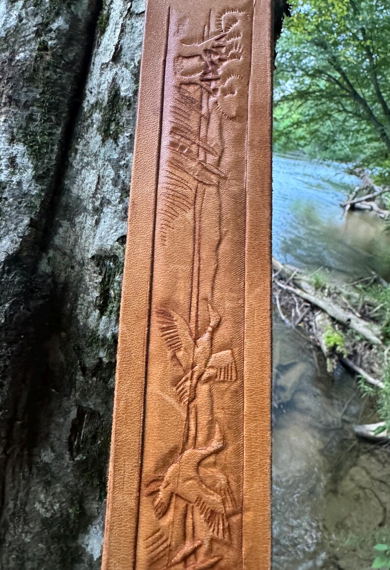 Vintage Tan Leather Belt, Tooled Leather Belt With Birds and Trees ...