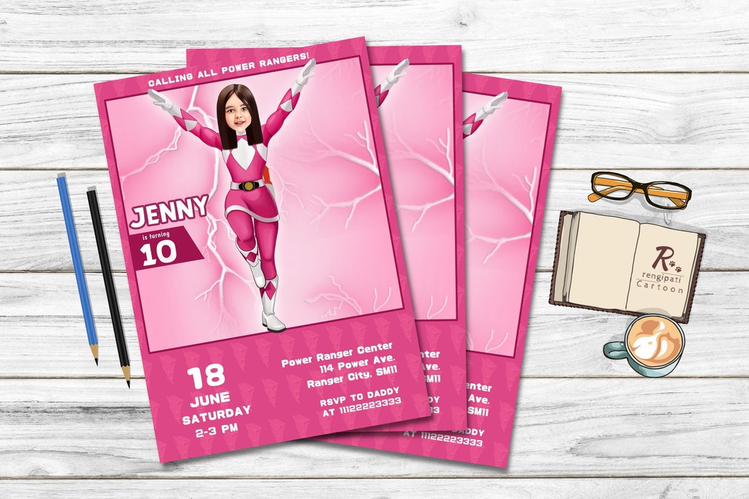 Custom Power Ranger Pink Invitation Card, Birthday Party Invite ...