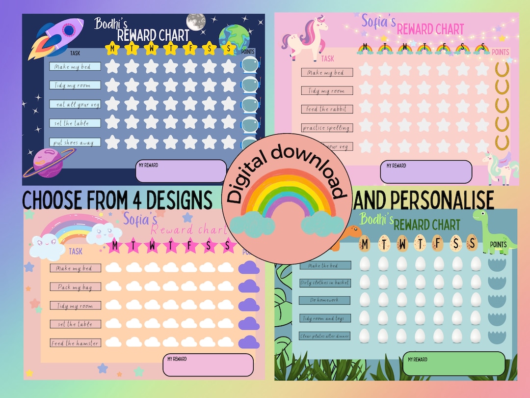Personalised KIDS REWARD CHART Printable, Choose Space, Unicorn ...
