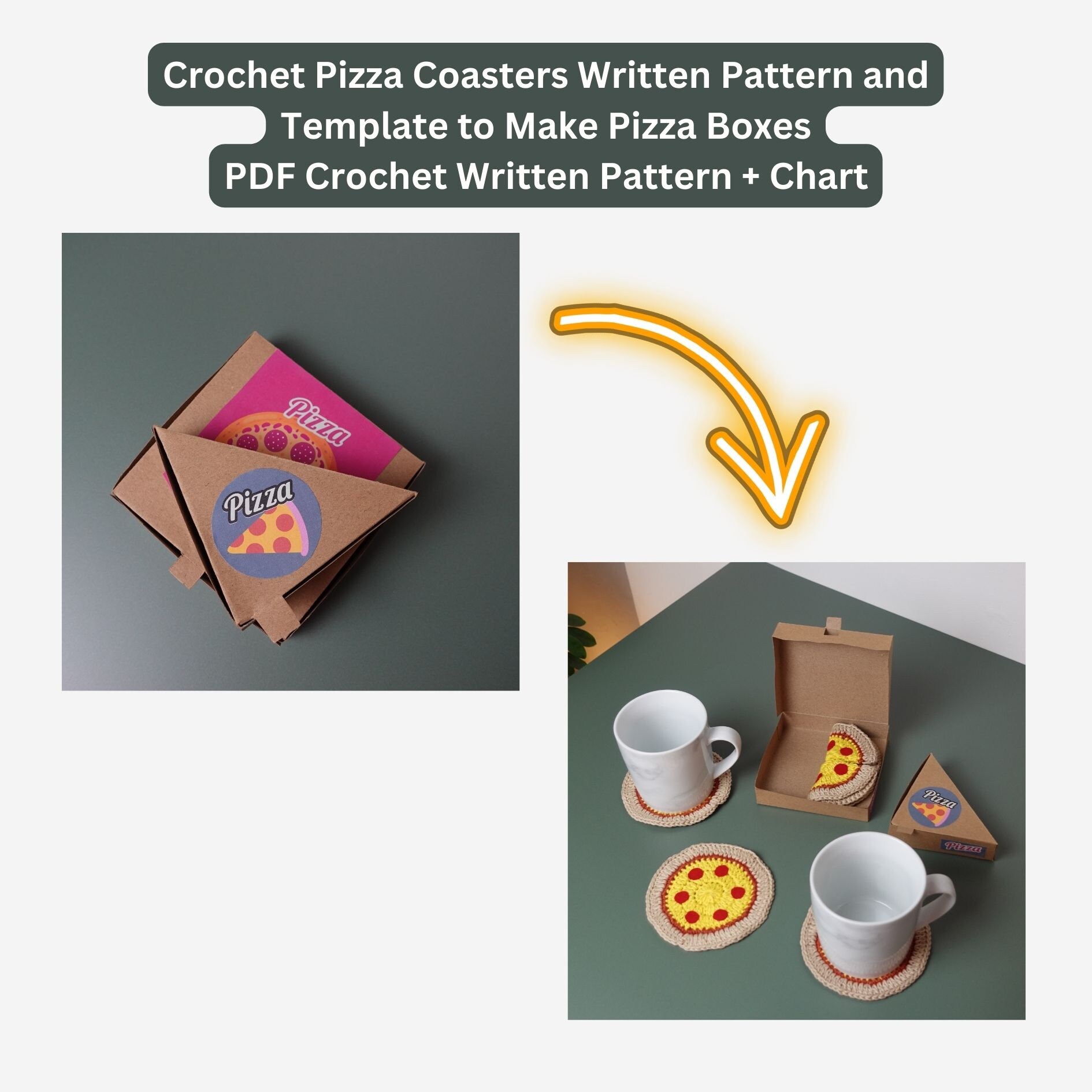 Crochet Pizza Coasters Written Pattern and Pizza Boxes Templates ...